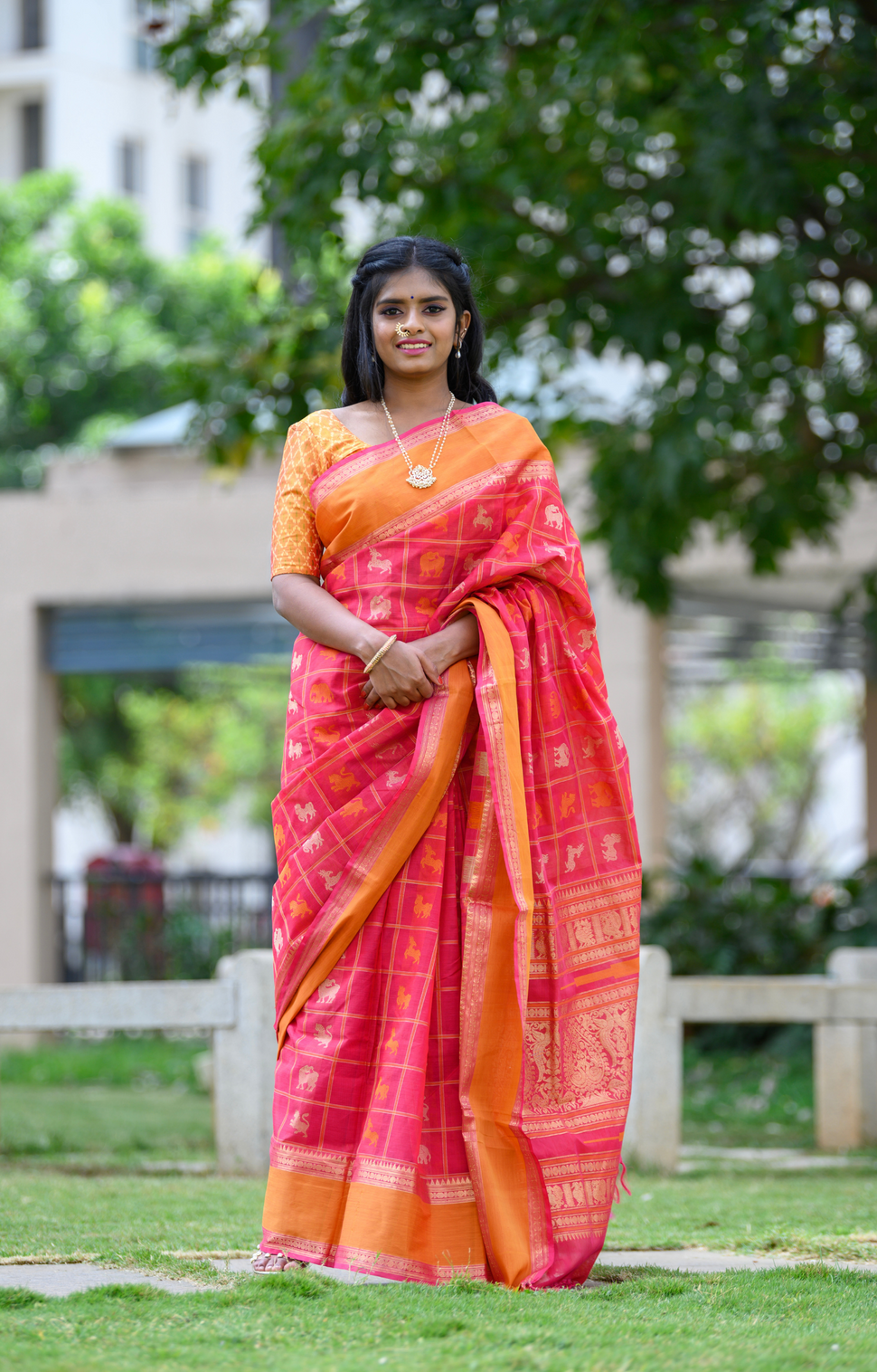 Orange Retapet Border Rudraksh and Temple Border Pink Kanchipuram Cott ...